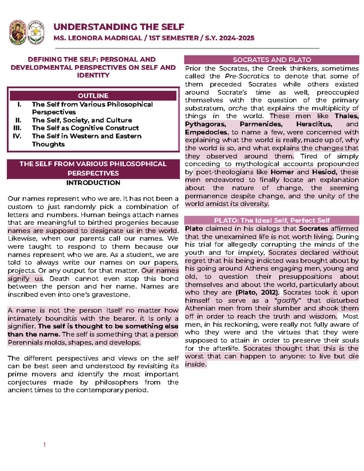 Understanding THE SELF - 1ST SEM-CHAP 1 - Lesson 1 - MS. LEONORA ...