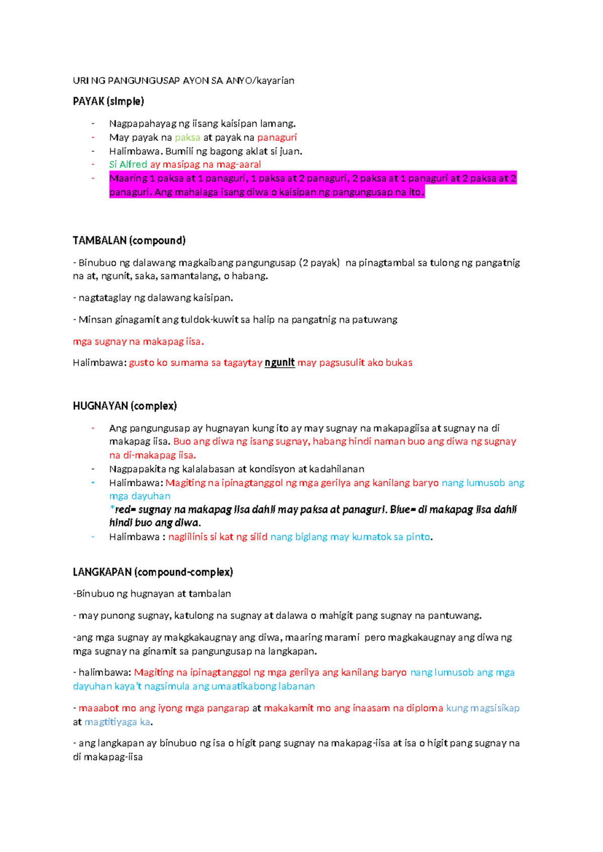 URI NG Pangungusap AYON SA ANYO - URI NG PANGUNGUSAP AYON SA ANYO/kayarian PAYAK (simple ...