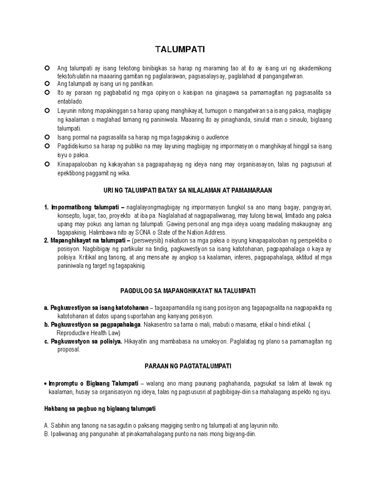 Lektura Filsa Larang Talumpati - TALUMPATI Ang talumpati ay isang ...
