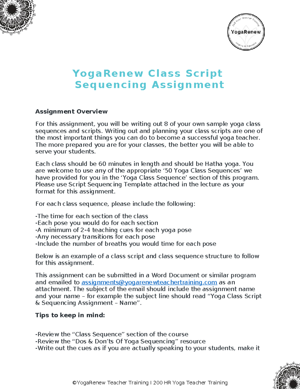Class Script Sequencing Assignment - YogaRenew Class Script Sequencing ... Class Script Sequencing Assignment - YogaRenew Class Script Sequencing ...