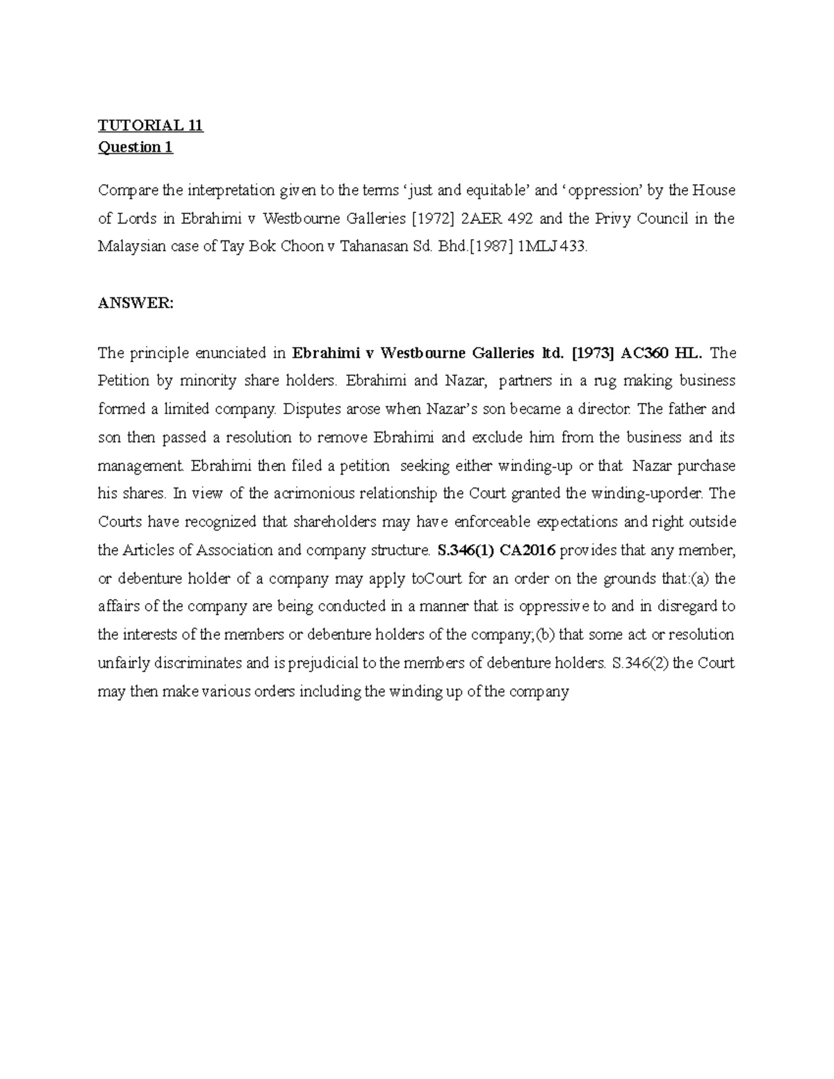 T11 Q1 Tutorial For Tutorial Tutorial 11 Question 1 Compare The