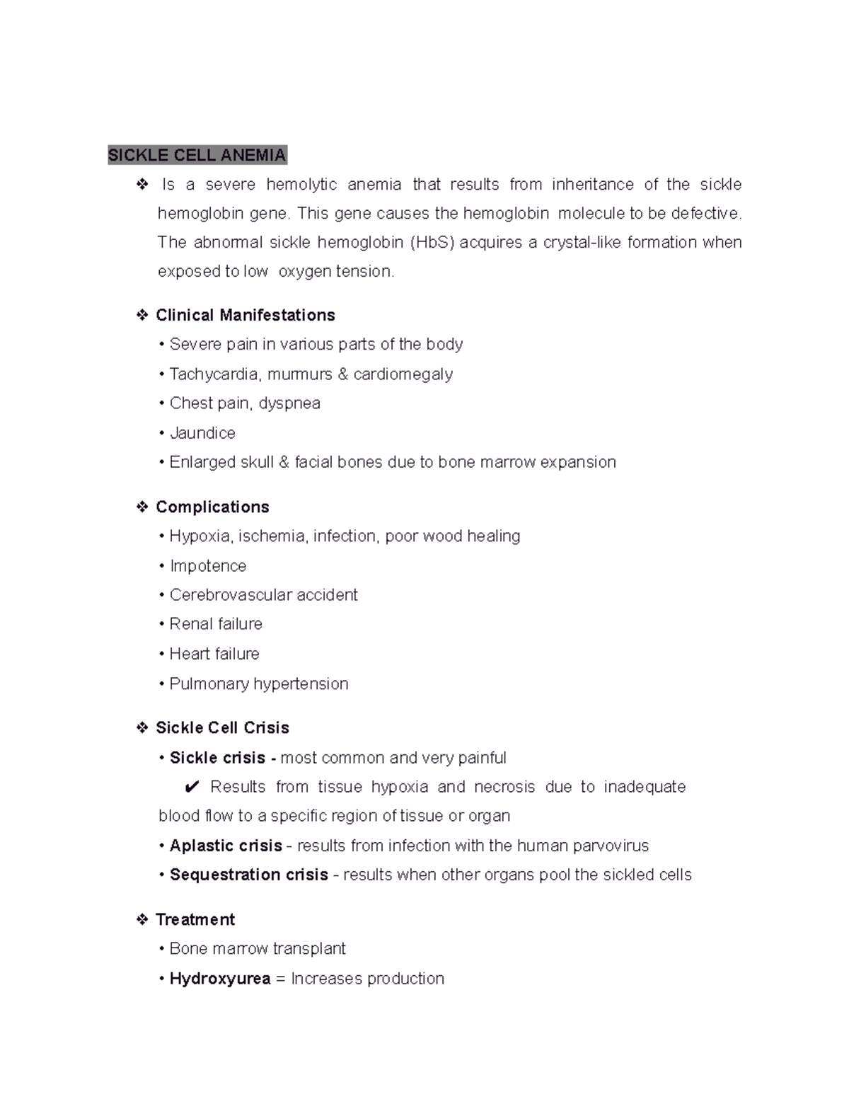 Sickle CELL Anemia - notes - SICKLE CELL ANEMIA Is a severe hemolytic ...