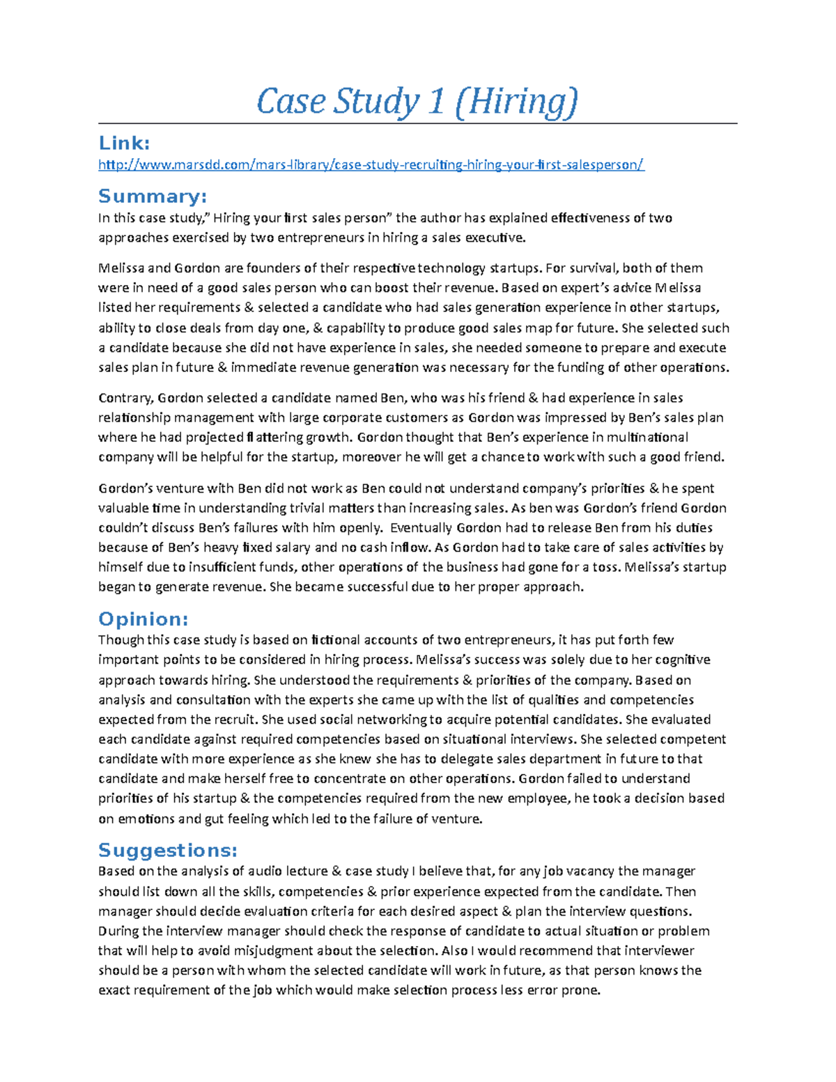 Case Study 1 Sample Answer-1 - Case Study 1 (Hiring) Link: - Studocu