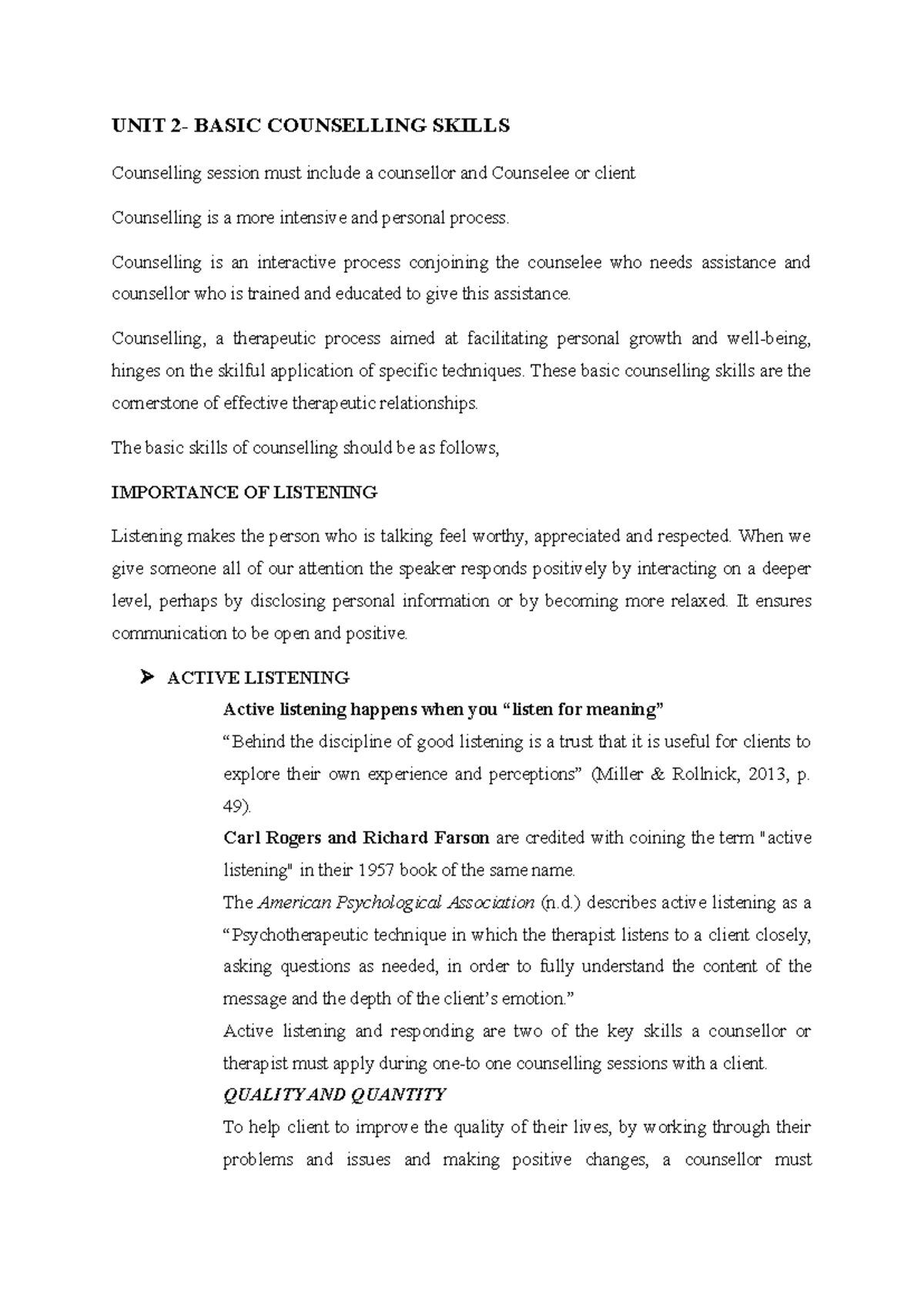 Basic counselling skills - UNIT 2- BASIC COUNSELLING SKILLS Counselling ...