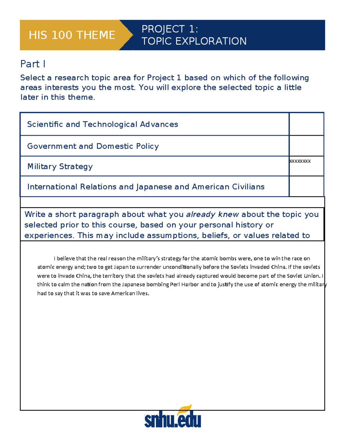 His100 topic exploration worksheet - Part I Select a research topic ...