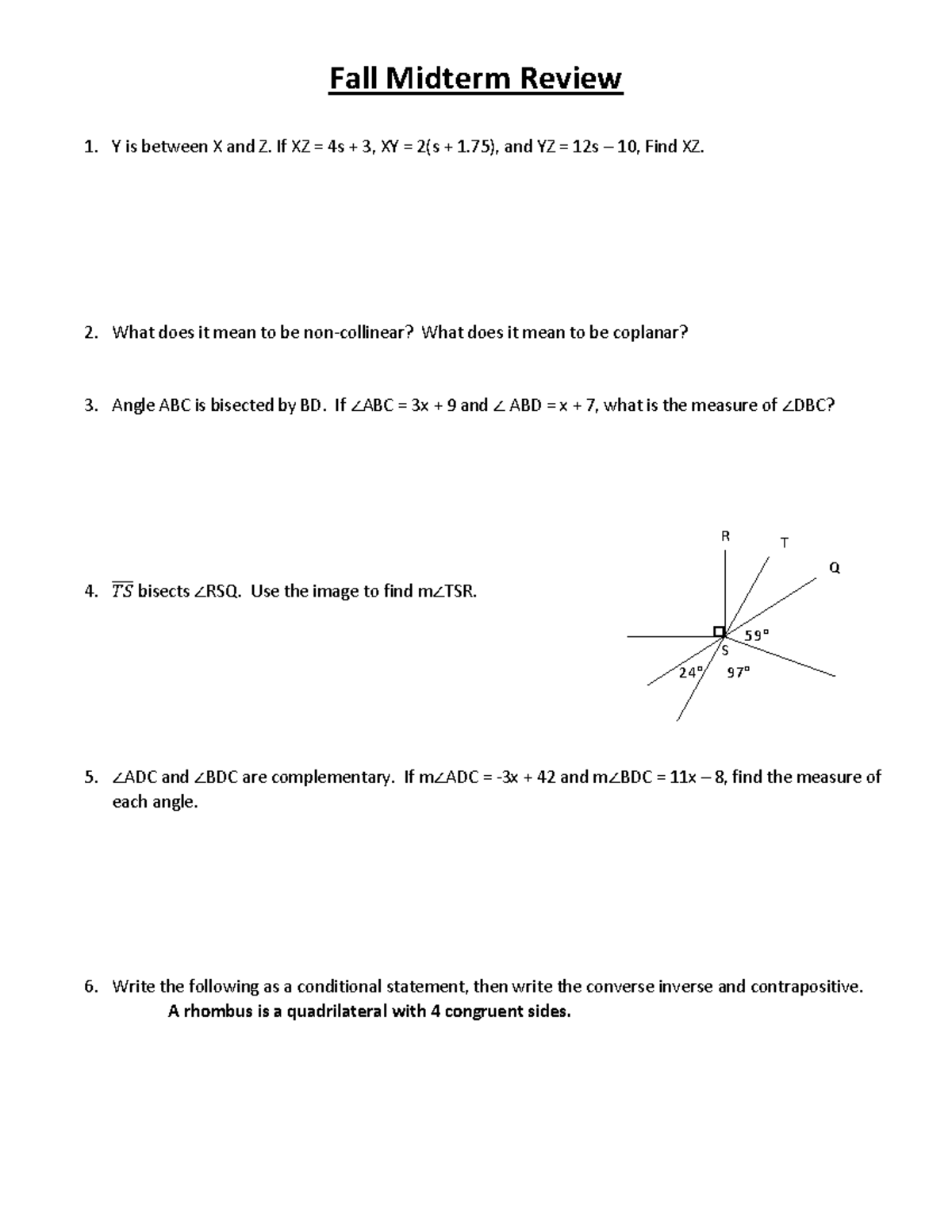 Fall Midterm Review - Y is between X and Z. If XZ = 4s + 3, XY = 2(s ...