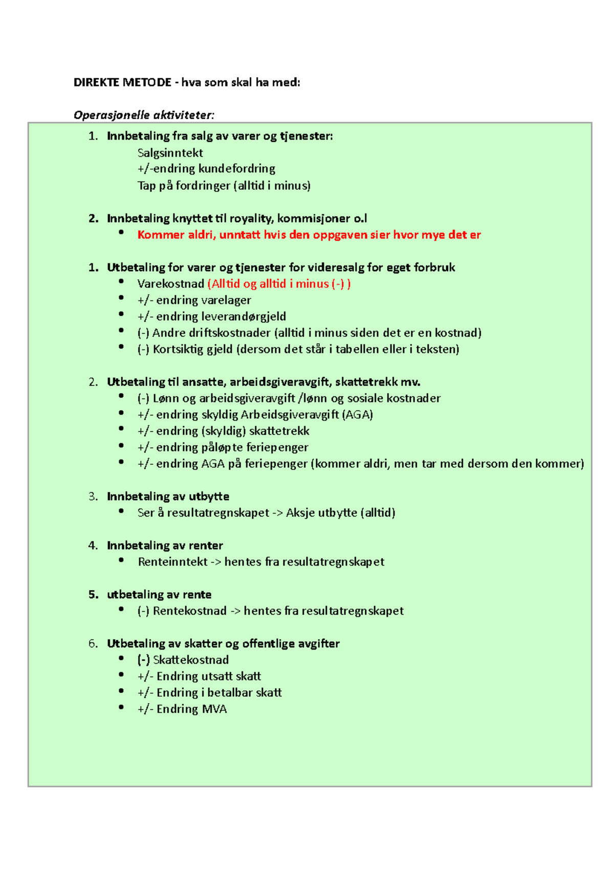 Direkte Metode kontantstrømm regler og formler - DIREKTE METODE - hva ...