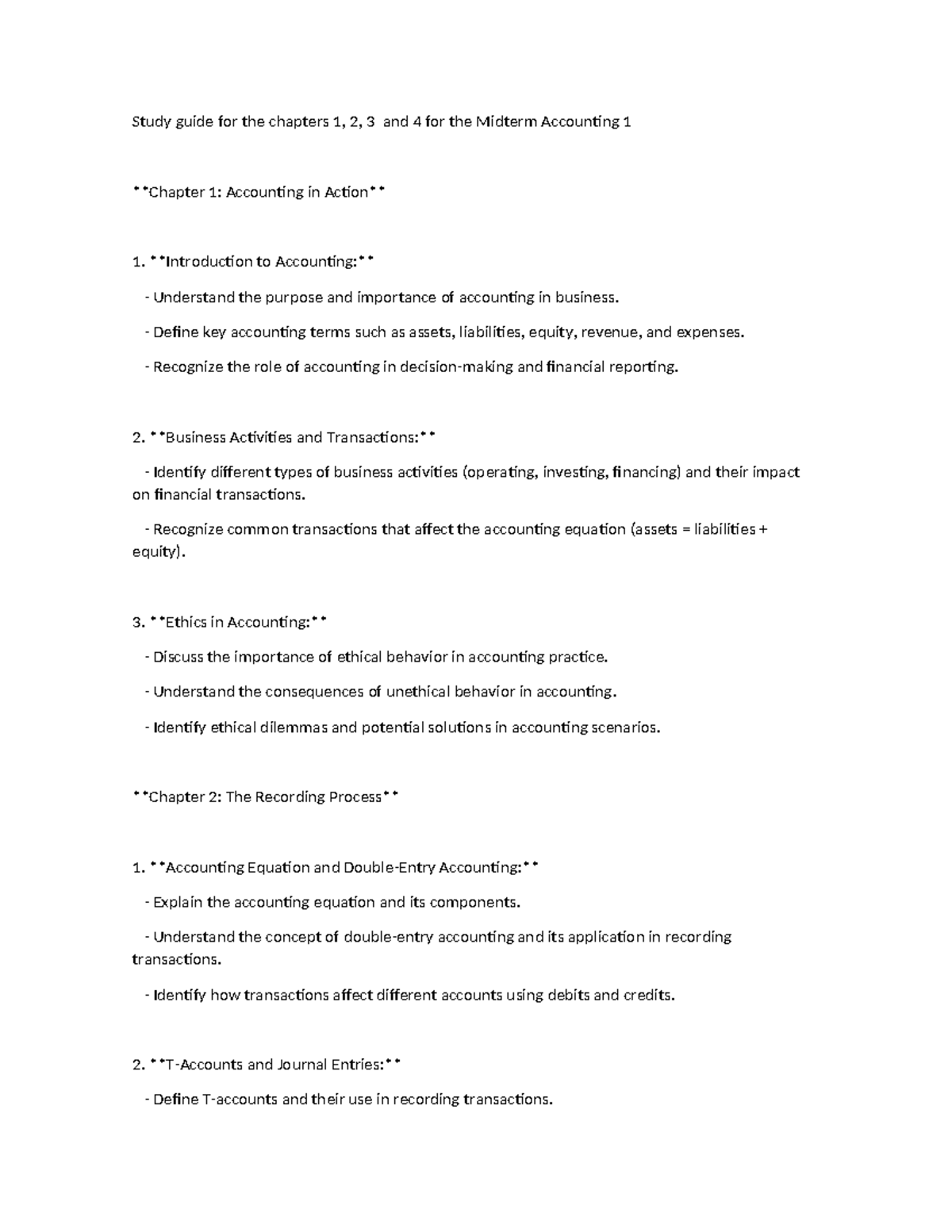 Guide Midterm Accountig 1 - Study guide for the chapters 1, 2, 3 and 4 for the Midterm ...