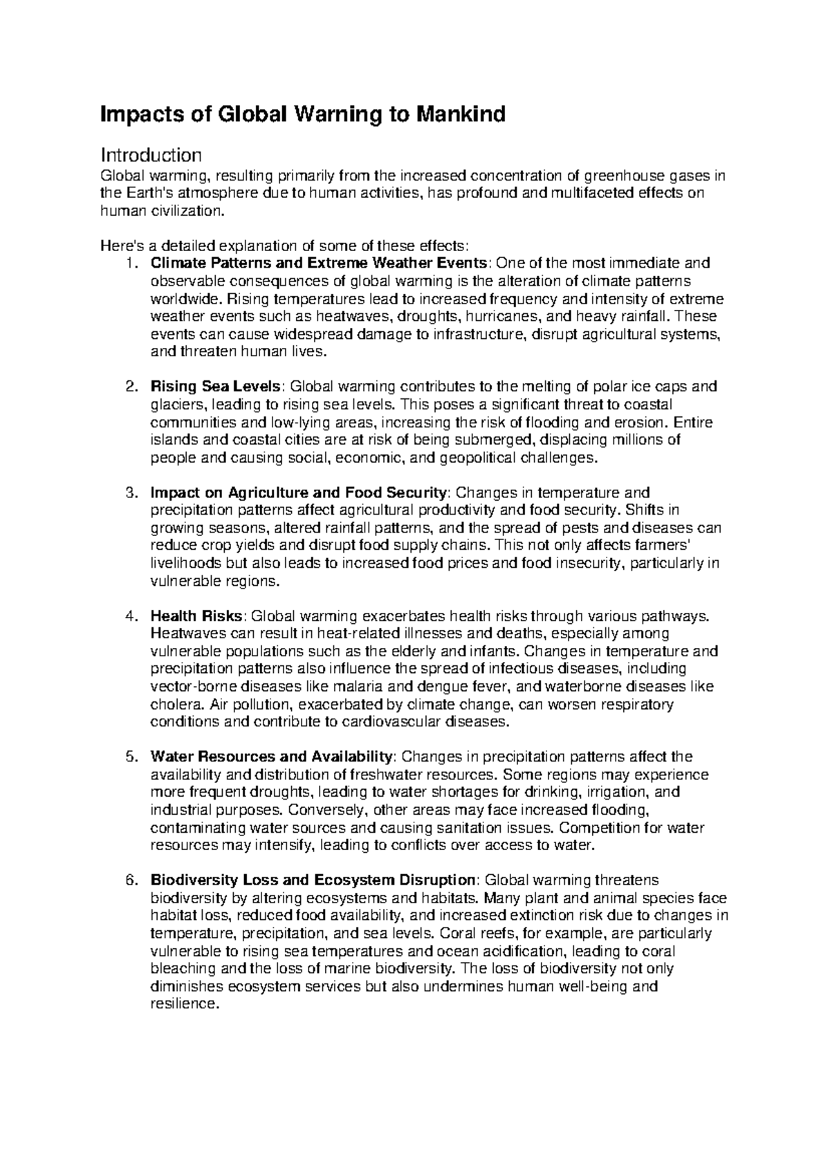Impacts of Global Warning to Mankind - Impacts of Global Warning to ...