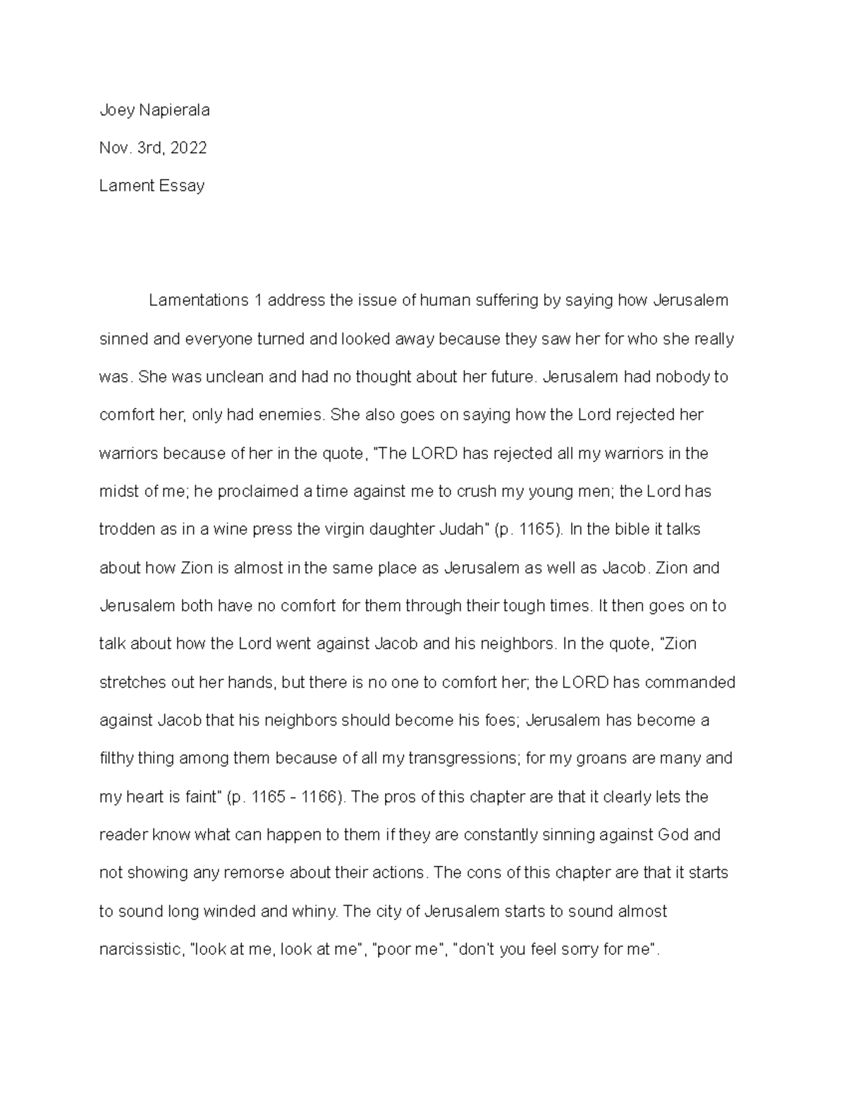 Lament Essay - Joey Napierala Nov. 3rd, 2022 Lament Essay Lamentations ...