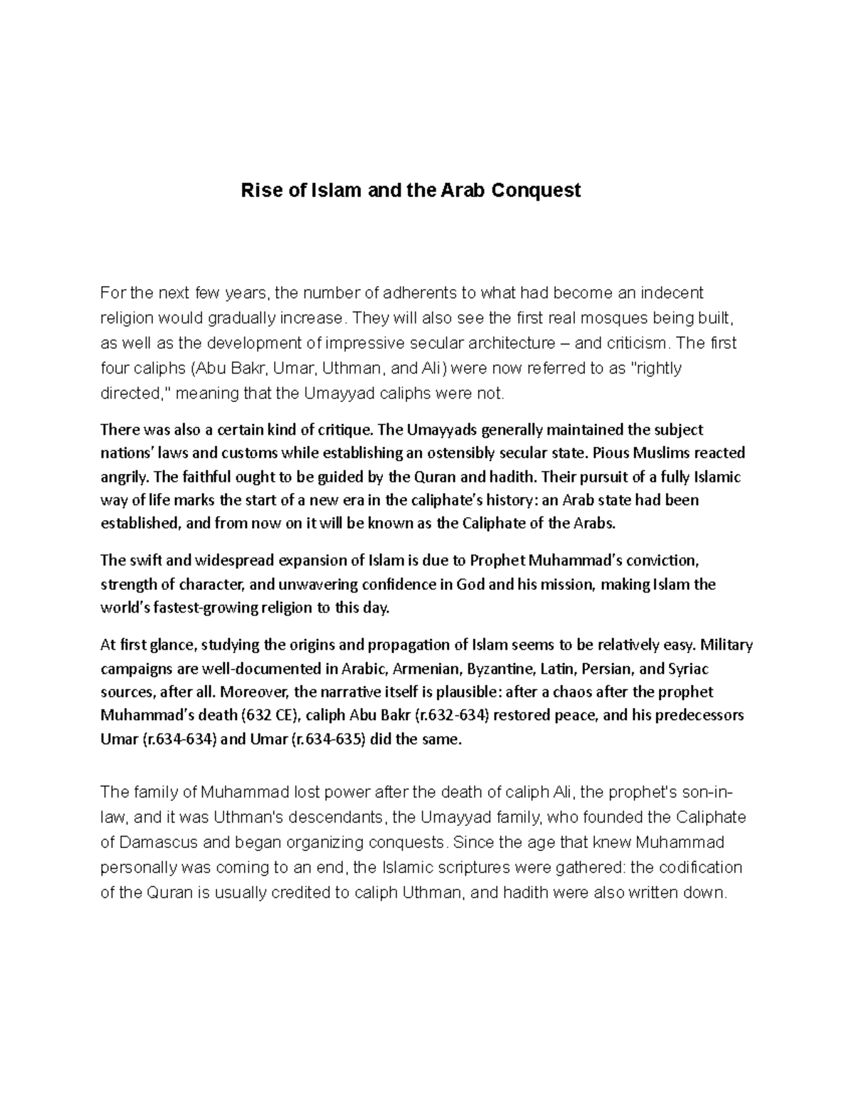 The Rise of Islam and the arab conquest - Rise of Islam and the Arab ...