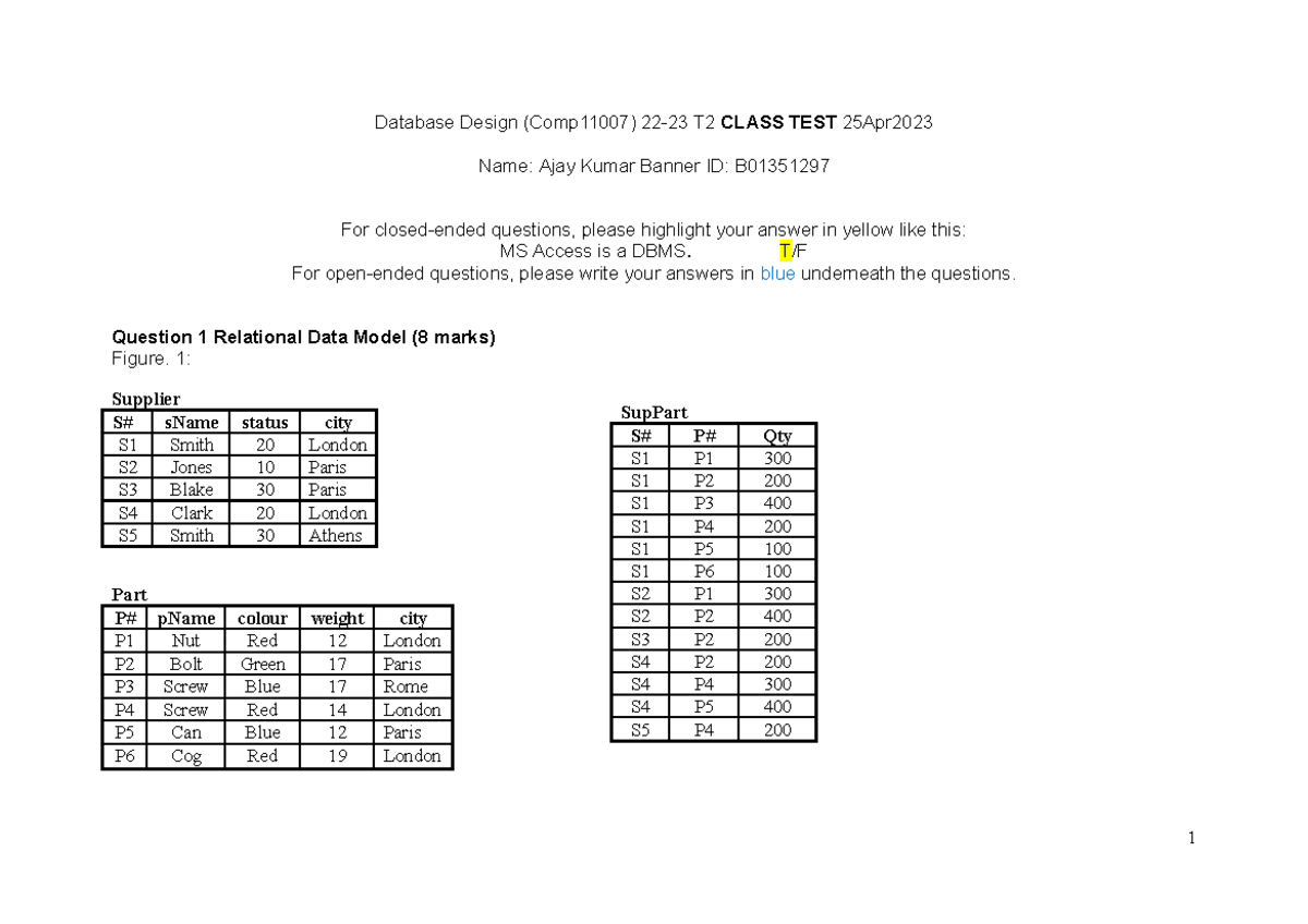 B01351297 Database Final Exam - Database Design (Comp11007) 22-23 T2 ...