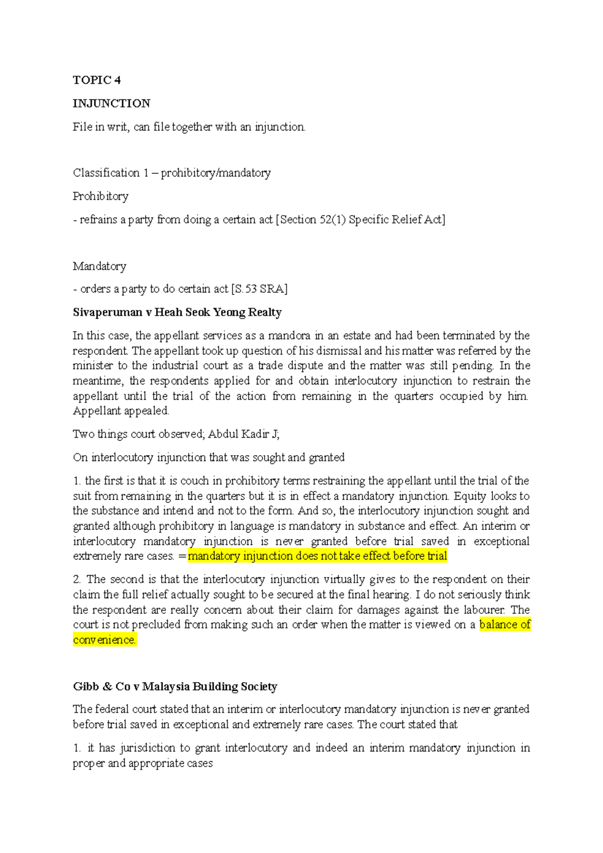 Civil Lecture WEEK 6 Notes - TOPIC 4 INJUNCTION File in writ, can file ...