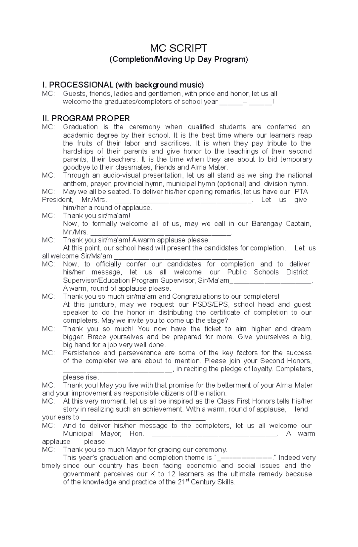 Emcee Script FOR Moving UP OR Graduation - MC SCRIPT (Completion/Moving ...