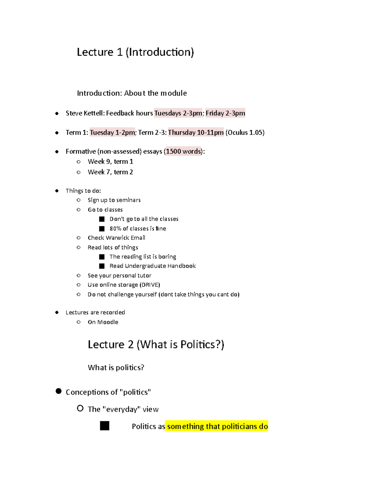 Lecture Notes for Lectures 1-5 of Introduction to Politics - Lecture 1 ...