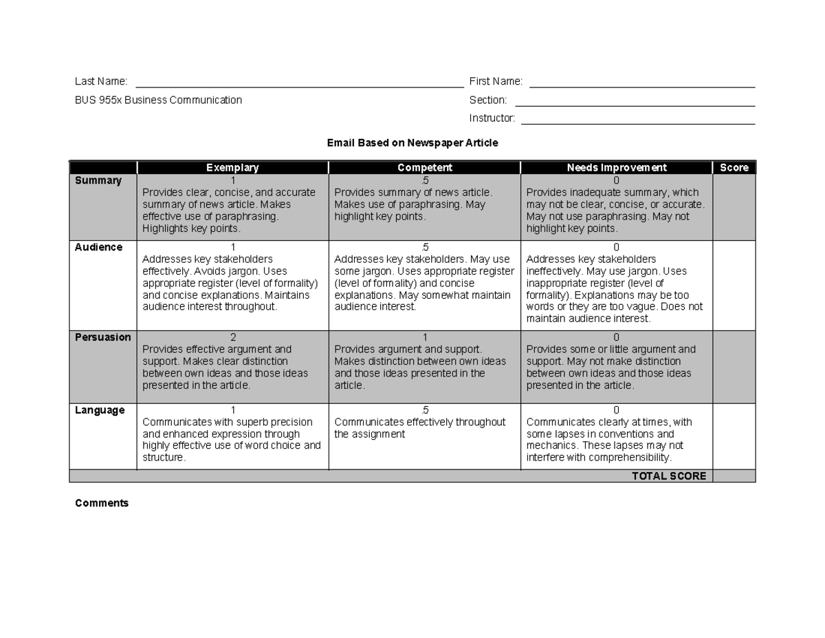 BUS955x Email Based on Newspaper Article Rubric (22) - Last Name: First ...