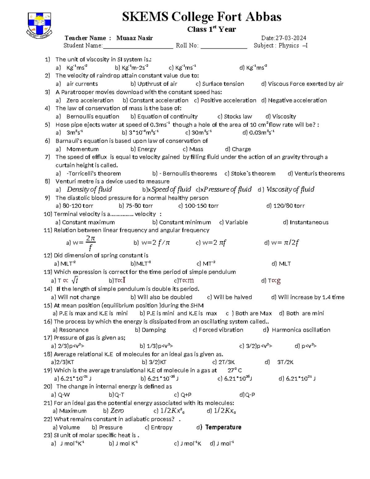 Physics 1st year 2nd Half Book - SKEMS College Fort Abbas Class 1 st ...