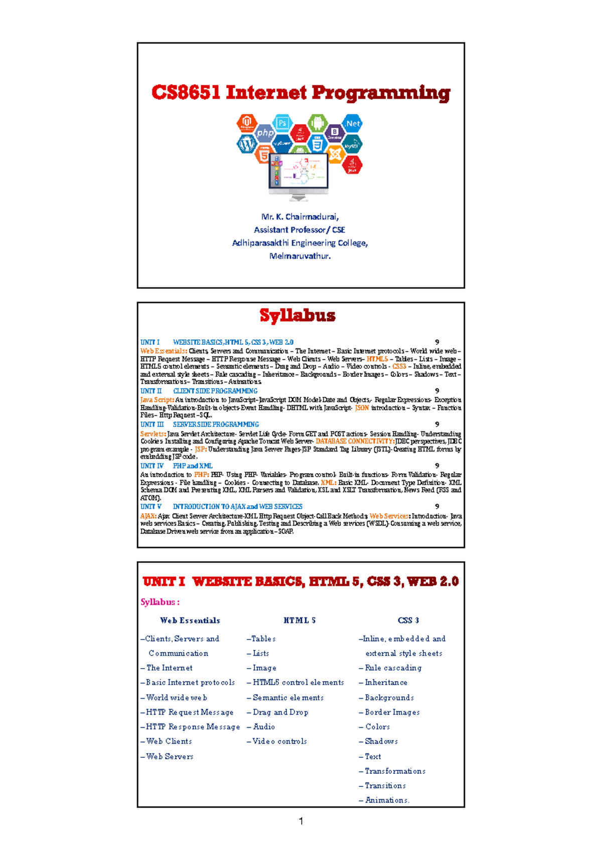 CS8651- IP - Unit 1 Print - Mr. K. Chairmadurai, Assistant Professor/ CSE Adhiparasakthi ...