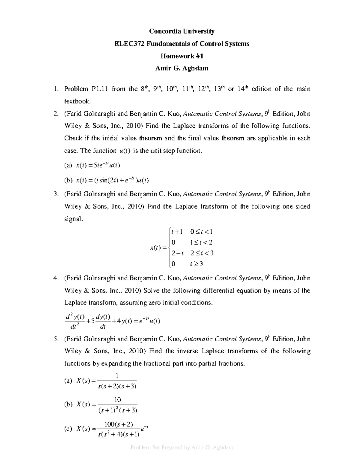 Homework 1 ELEC 372 Winter 2024 - Problem Set Prepared by Amir G. Aghdam Concordia University ...