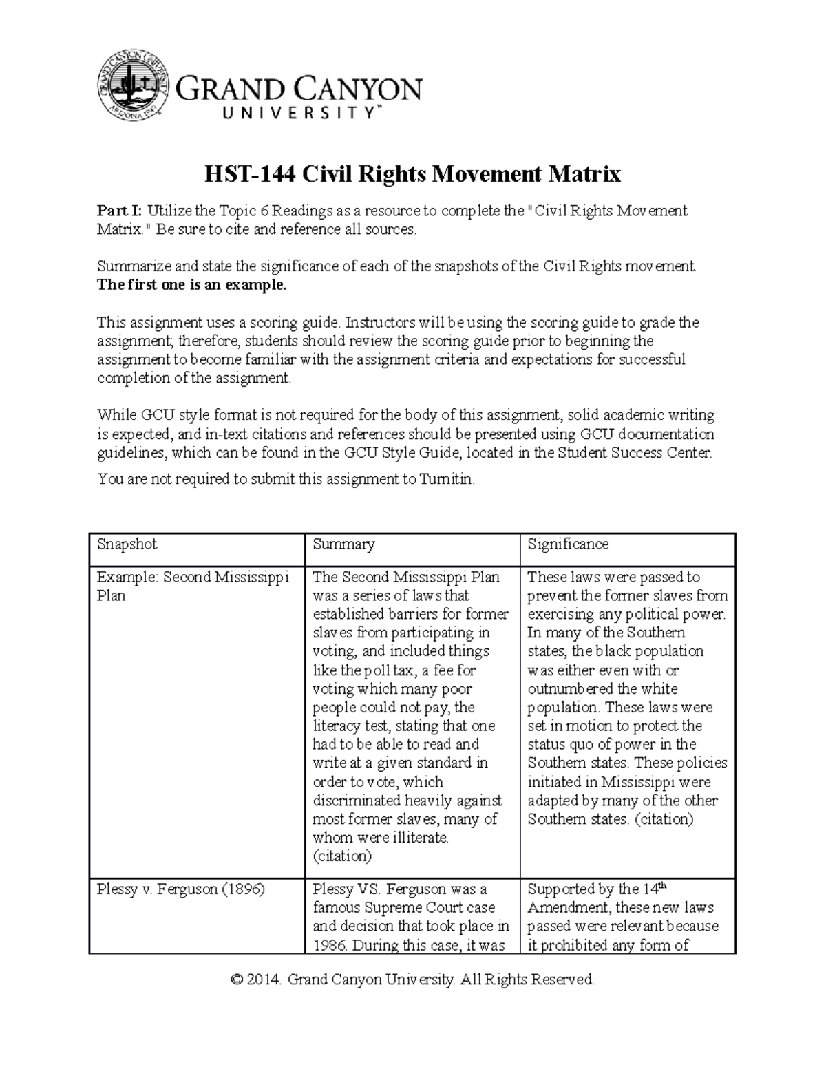 HIS144 Civil Rights Movement Matrix - HST-144 Civil Rights Movement ...