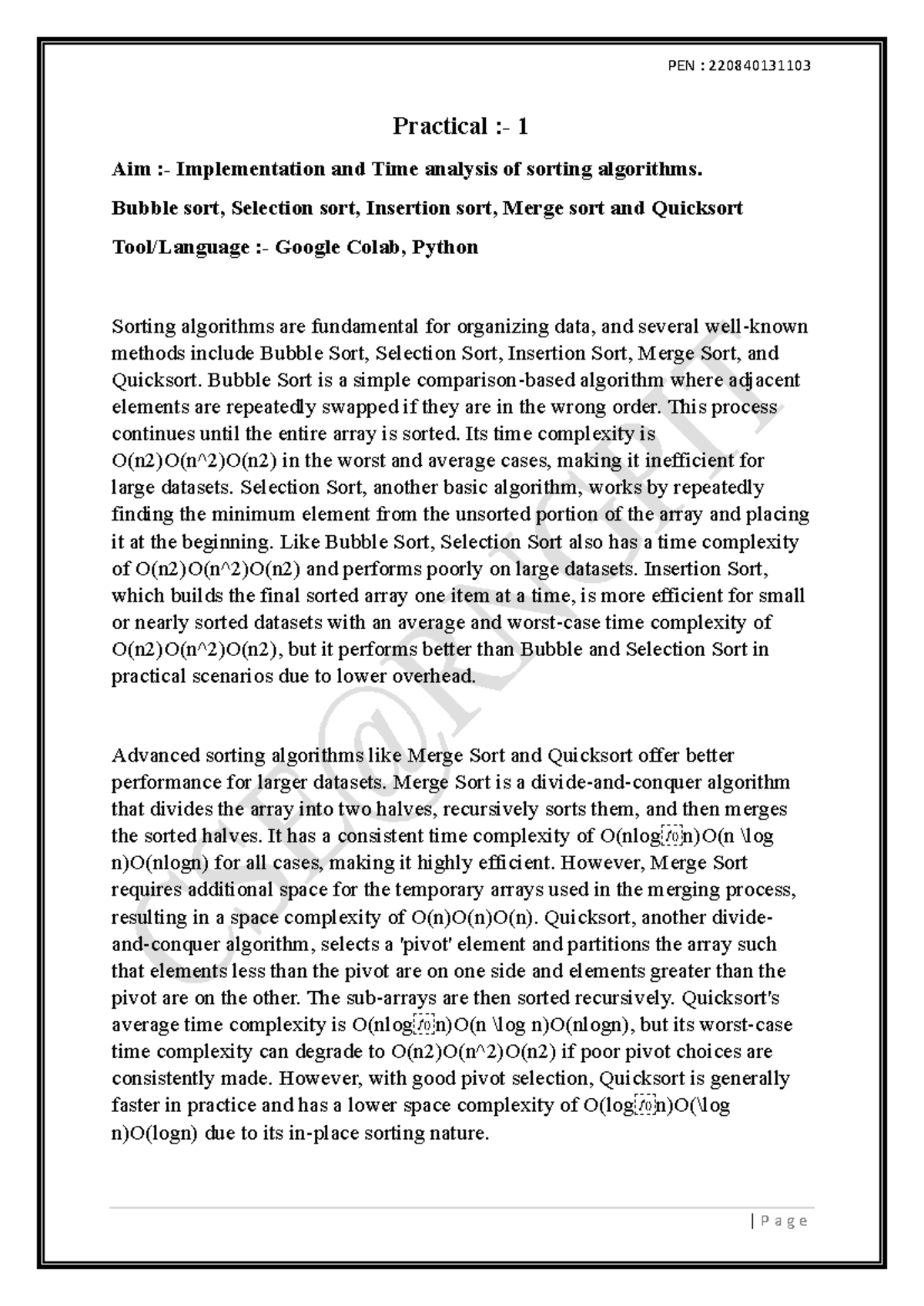 ADA p1 103 - practical - Practical :- 1 Aim :- Implementation and Time analysis of sorting - Studocu