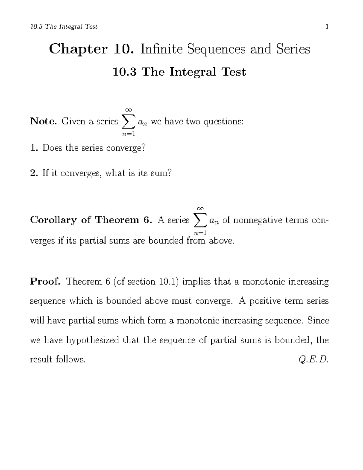 The Integral Test - Chapter 10. Infinite Sequences and Series 10 The ...