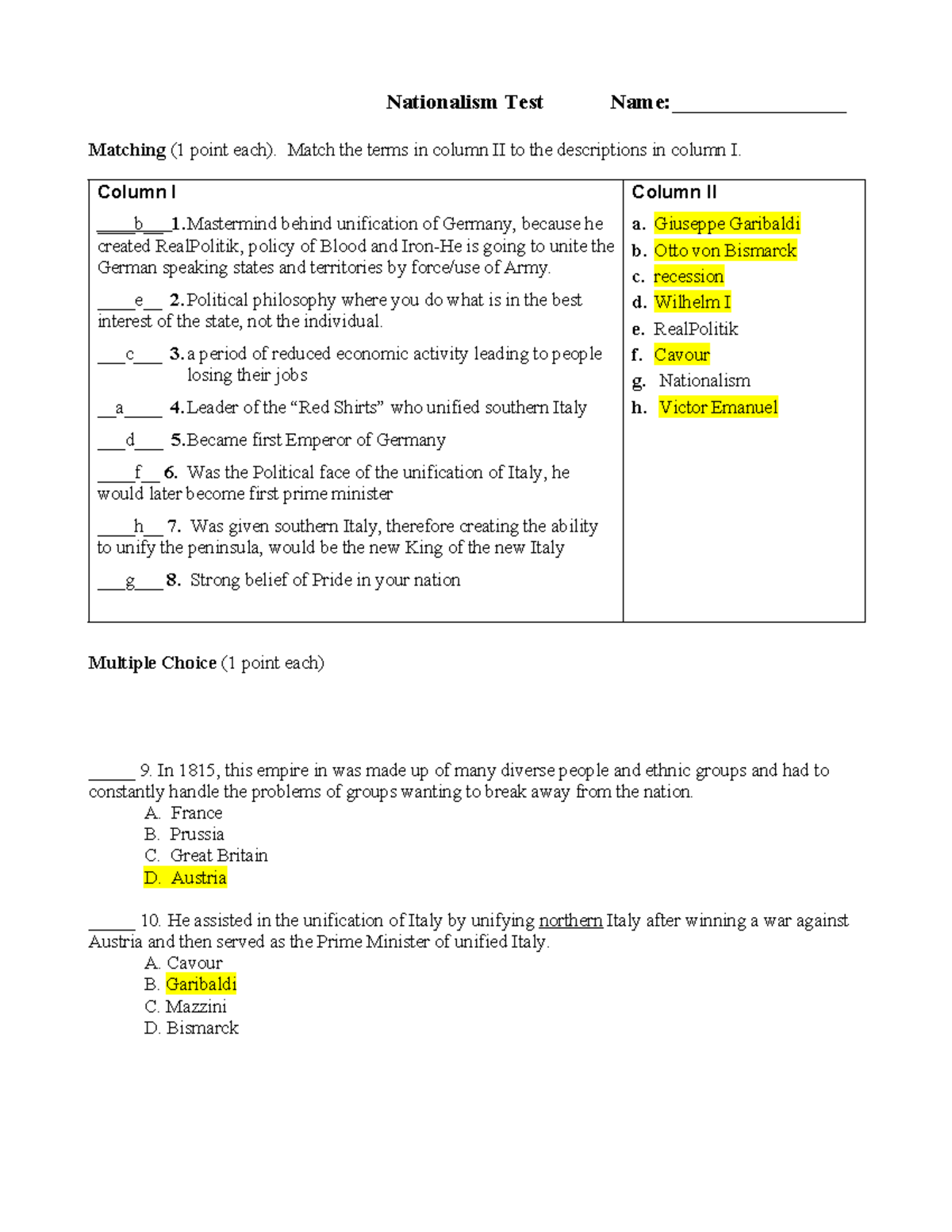 Unification Italy and Germany - Nationalism Test Name ...