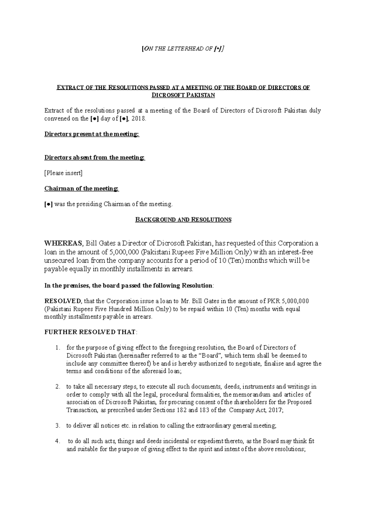 Board Resolution final - [ON THE LETTERHEAD OF [•]] EXTRACT OF THE ...