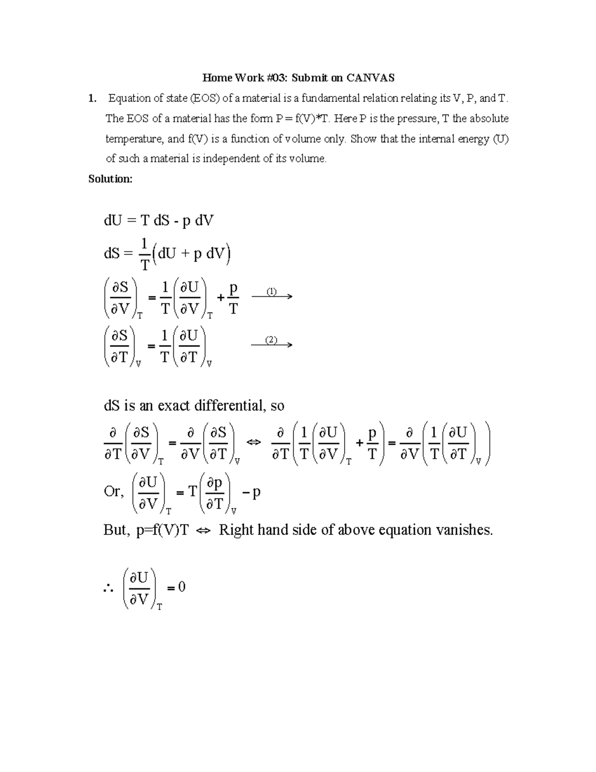 Hw03 2021soln Assignment Solution Home Work 03 Submit On Canvas 1 Equation Of State Eos