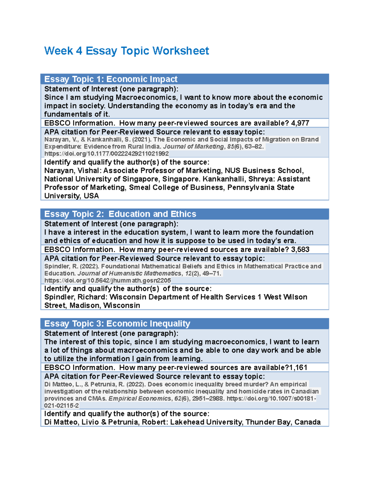 EN102 Bromley W4Essay Topic - Week 4 Essay Topic Worksheet Essay Topic ...