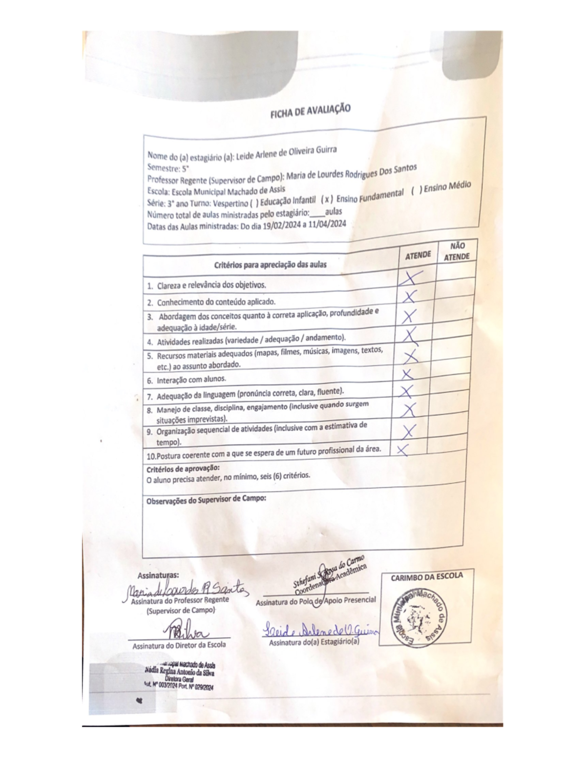Ficha DE AvaliaçÃO - Estágio pedagogia - Studocu