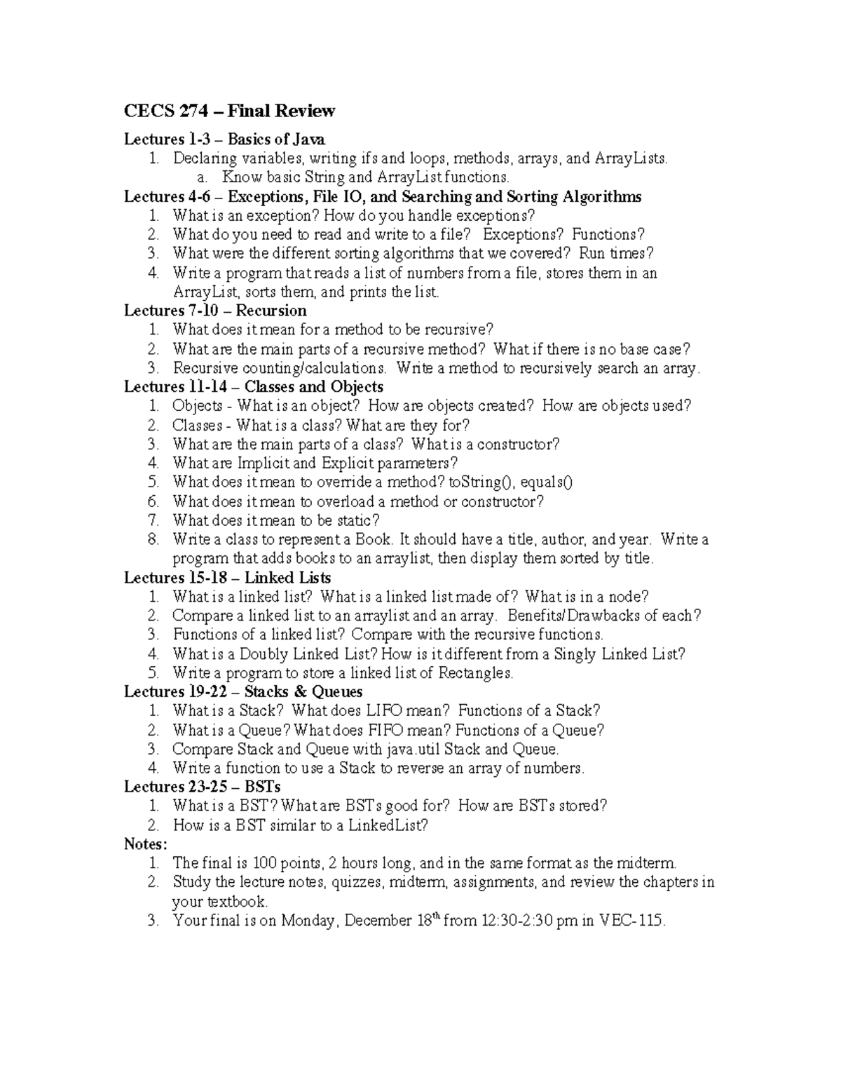 CECS274-Final Review F 17 - CECS 274 Final Review Lectures Basics of Java 1. Declaring variables ...