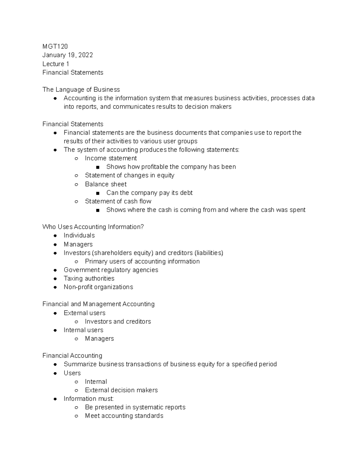 Financial Statements - Notes - MGT January 19, 2022 Lecture 1 Financial ...