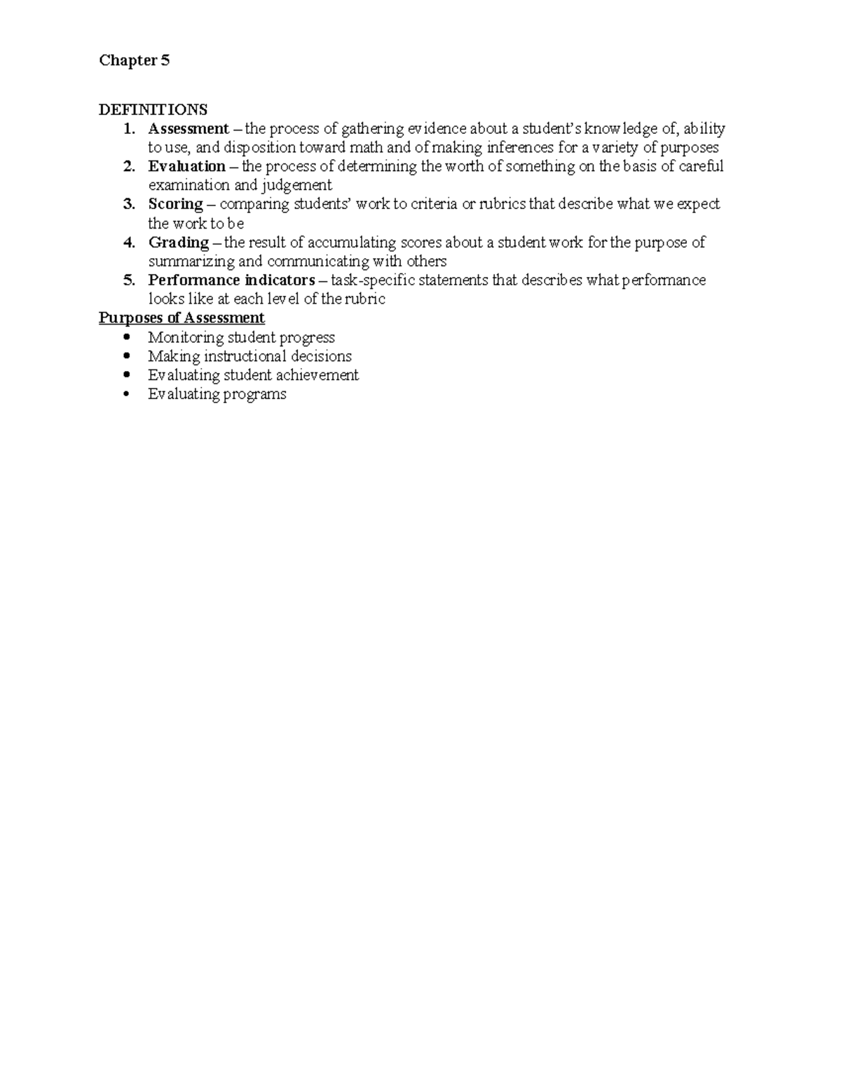 Chapter 5 - notes - Chapter 5 DEFINITIONS 1. Assessment – the process ...