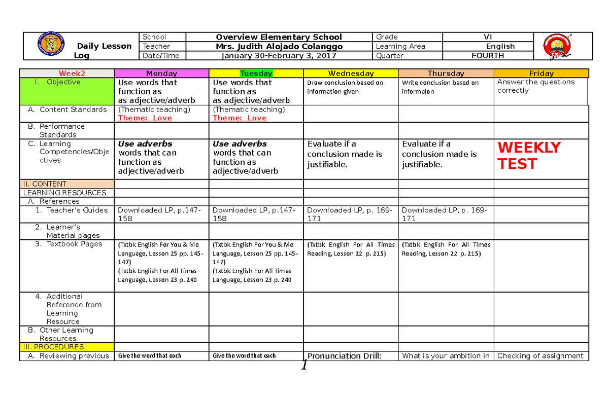 English 6-Q 4 wk2 - Notes - Daily Lesson Log School Overview Elementary ...
