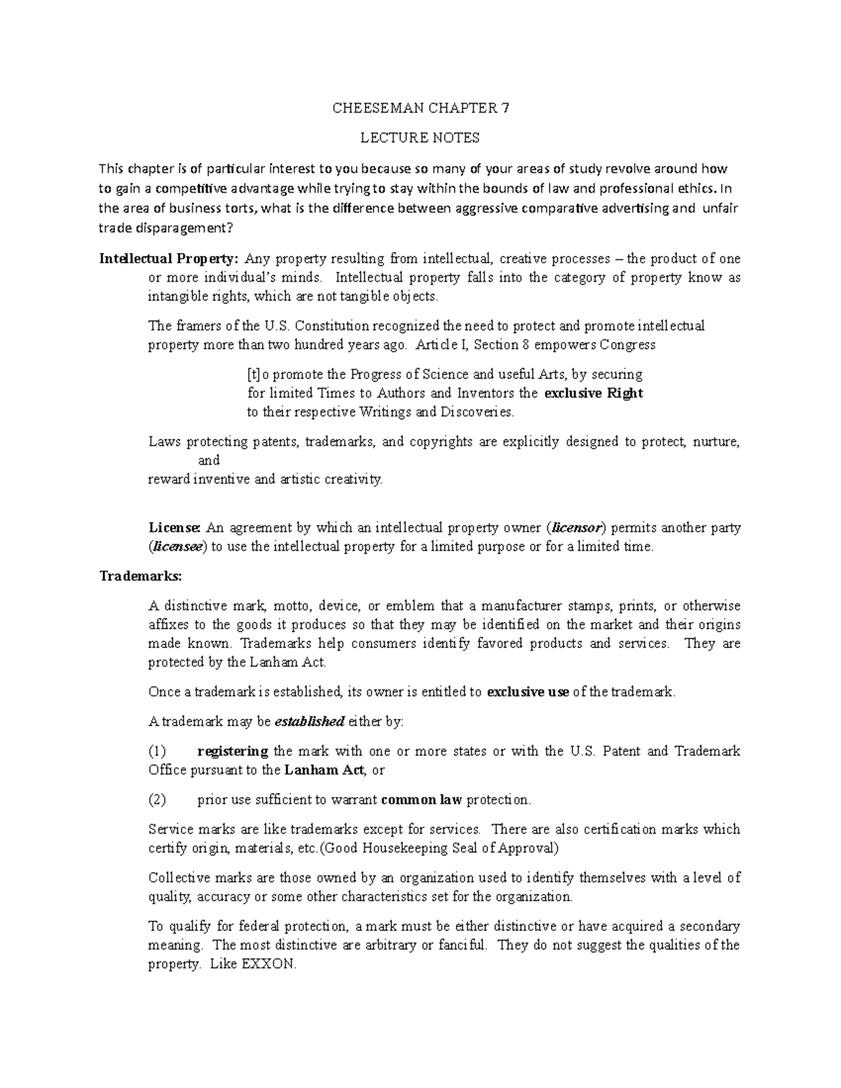 Cheeseman Chapter 7-1 - CHEESEMAN CHAPTER 7 LECTURE NOTES This chapter ...