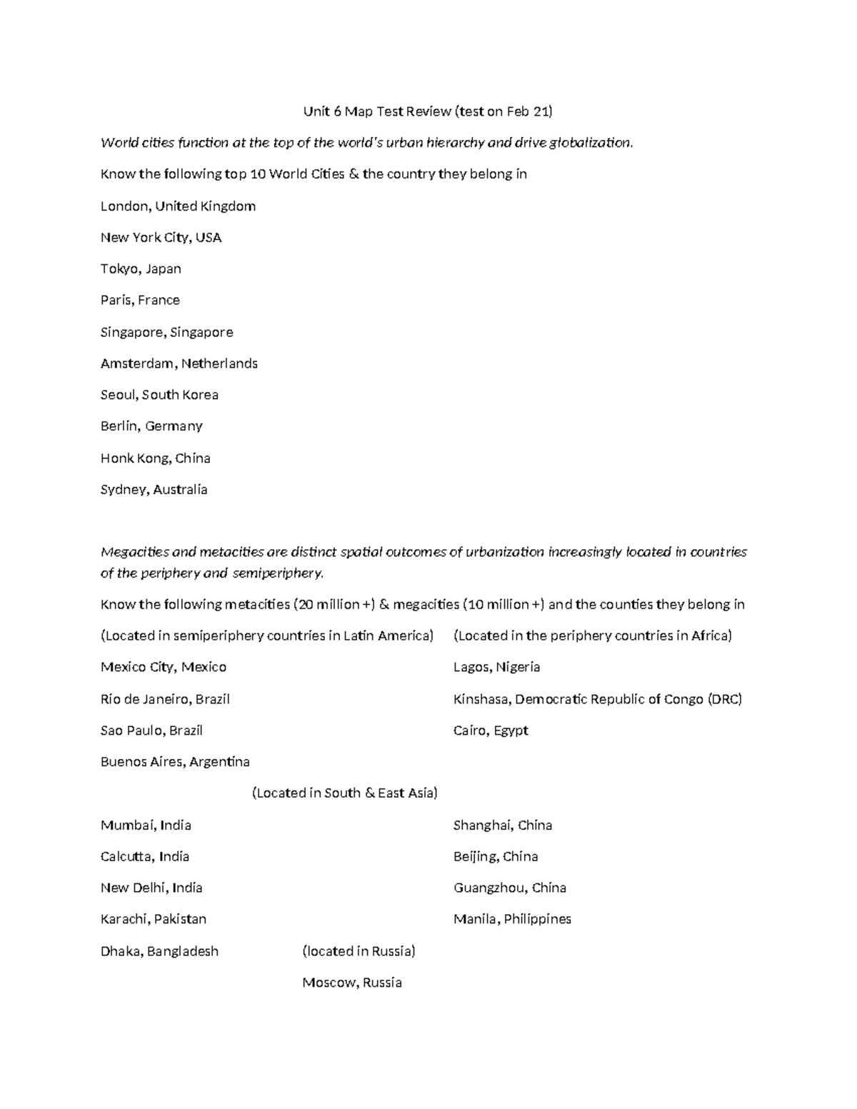 Unit 6 Map Test Review - Notes - Unit 6 Map Test Review (test on Feb 21 ...