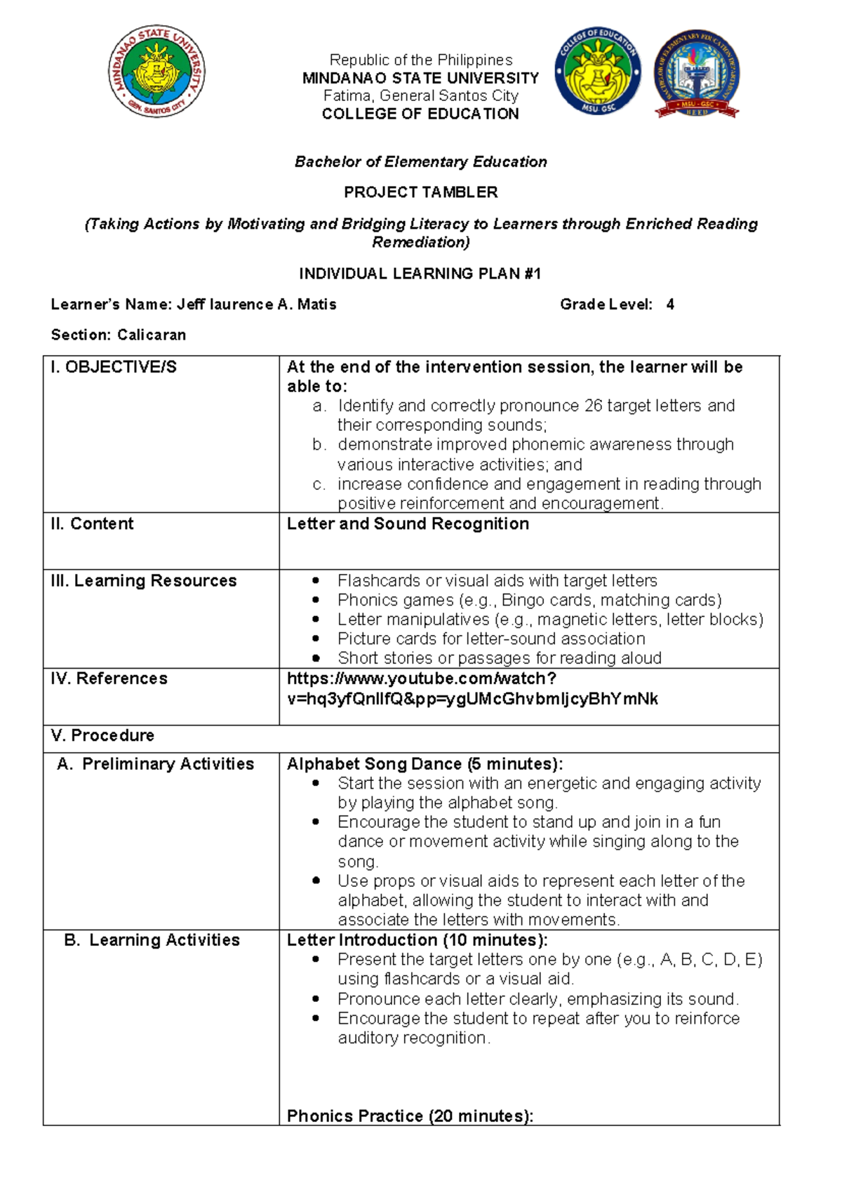 Sample-Plan-and-Log - materials - Republic of the Philippines MINDANAO ...