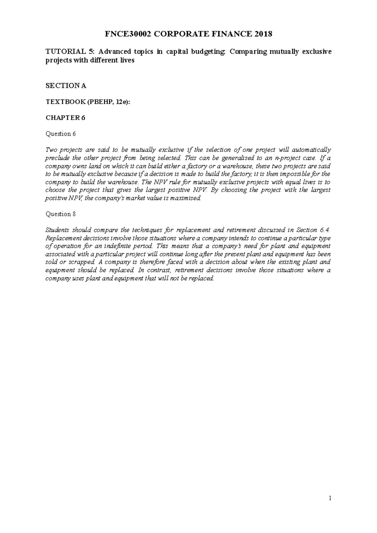 Tute 5 2018 with Part A - tute 5 class work - CORPORATE FINANCE 2018 ...