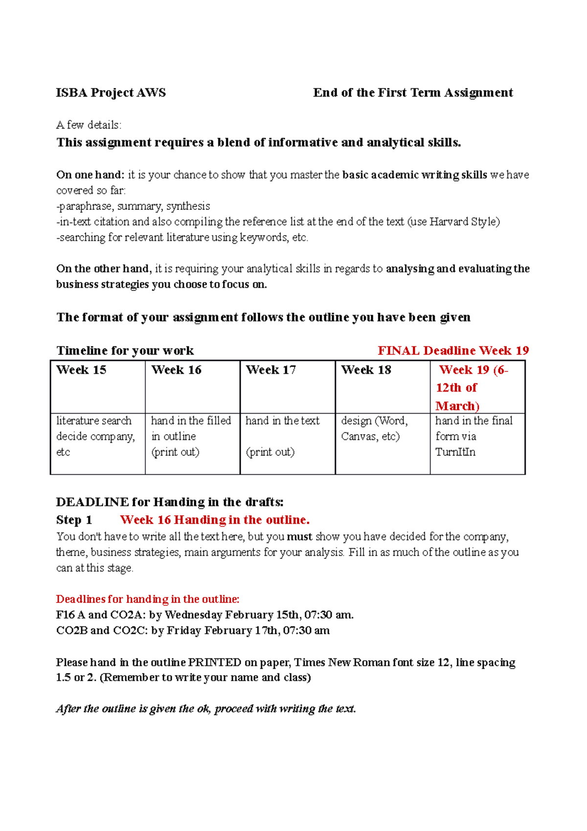 Project AWS end of term assignment timeline - ISBA Project AWS End of the First Term Assignment ...