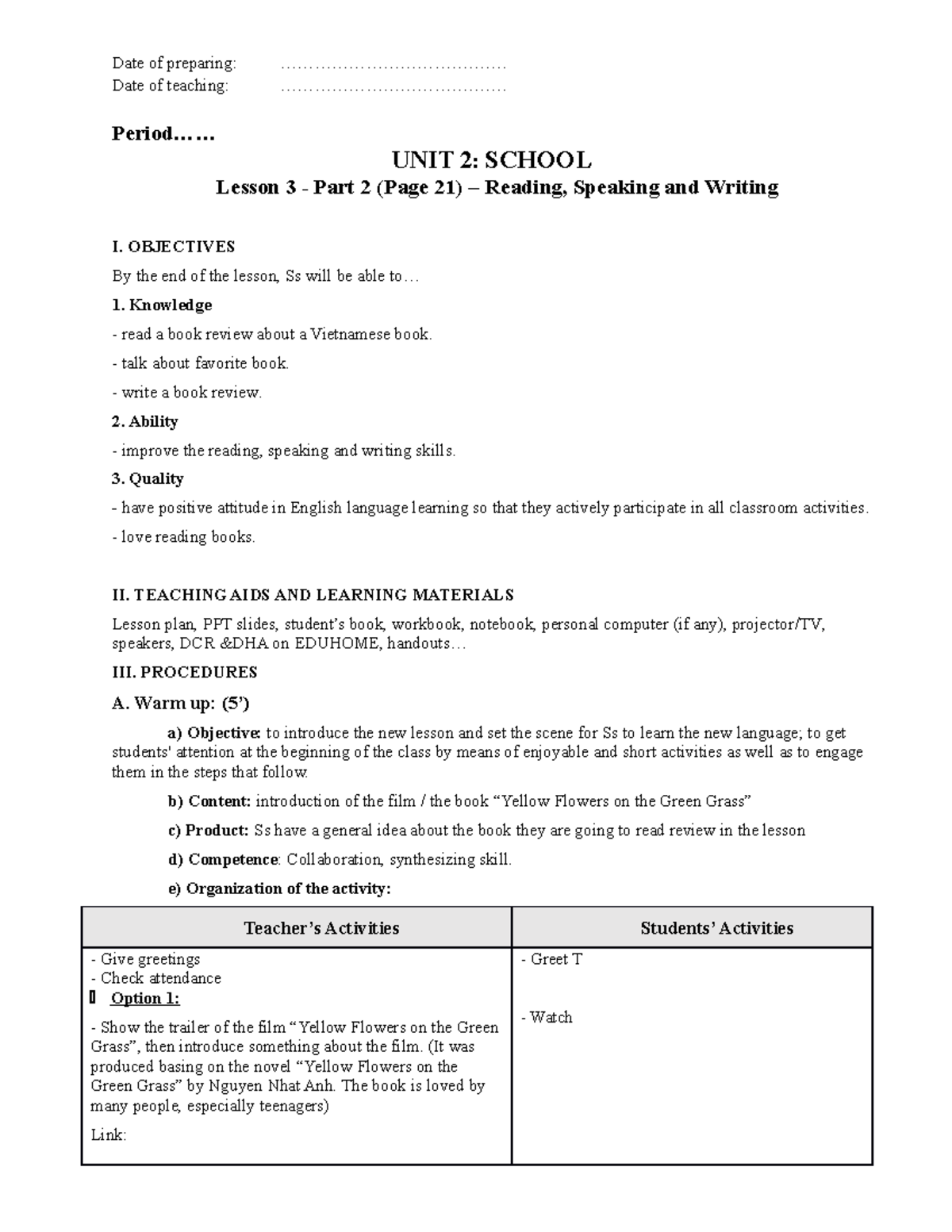 Giáo án tiếng anh 6 smart world UNIT 2 - Lesson 3 - PART 2 - Reading, Speaking and Writing - Studocu