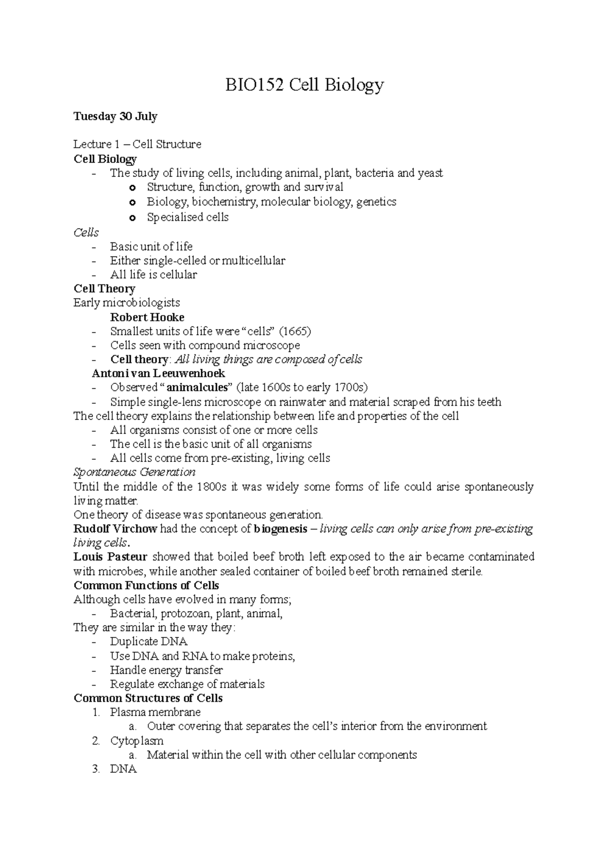 BIO152 - Notes - BIO152 Cell Biology Tuesday 30 July Lecture 1 – Cell ...