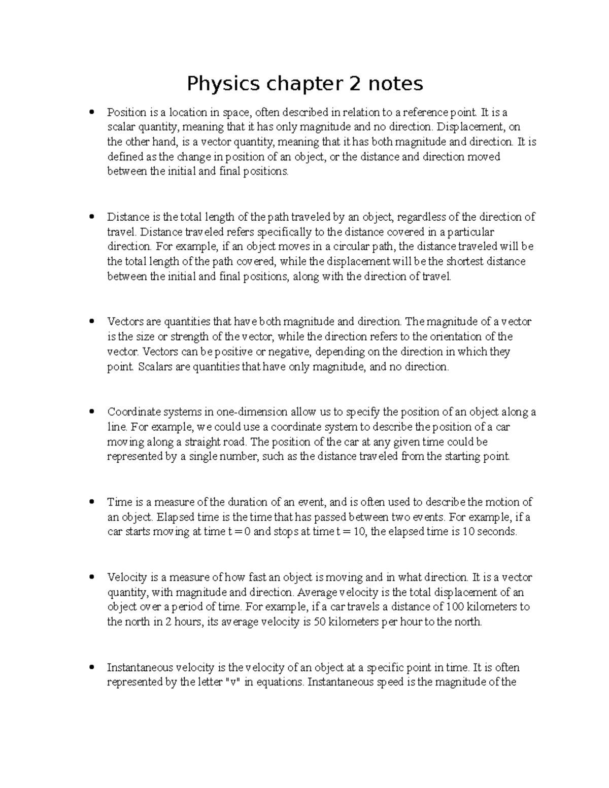 Physics chapter 2 notes - Physics chapter 2 notes Position is a ...