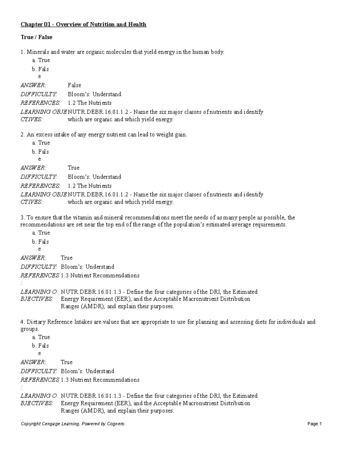 Chapter 01 Overview of Nutrition and Health - True / False Minerals and ...