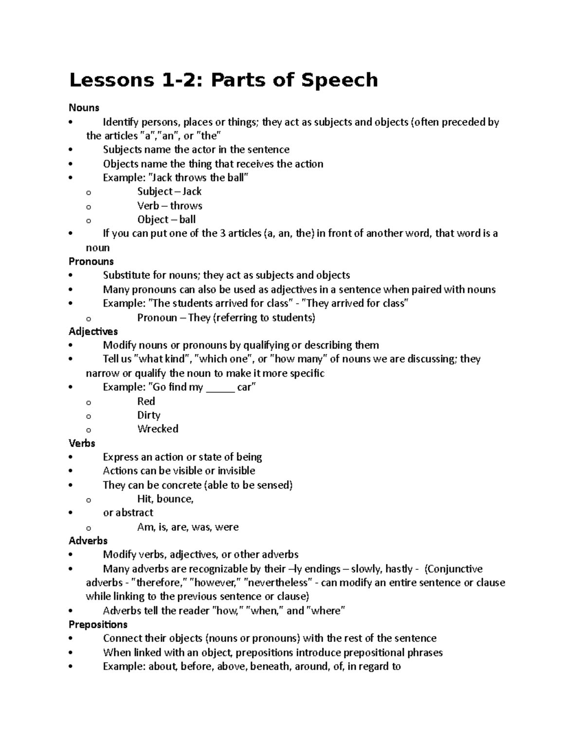 Lessons 1&2 Parts of Speech - Lessons 1-2: Parts of Speech Nouns - Studocu