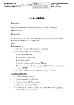 TD5 solution - Informatique 4 - Module Filière : SMI-­‐5 : Réseaux Informatique Prof: R HANNANE ...
