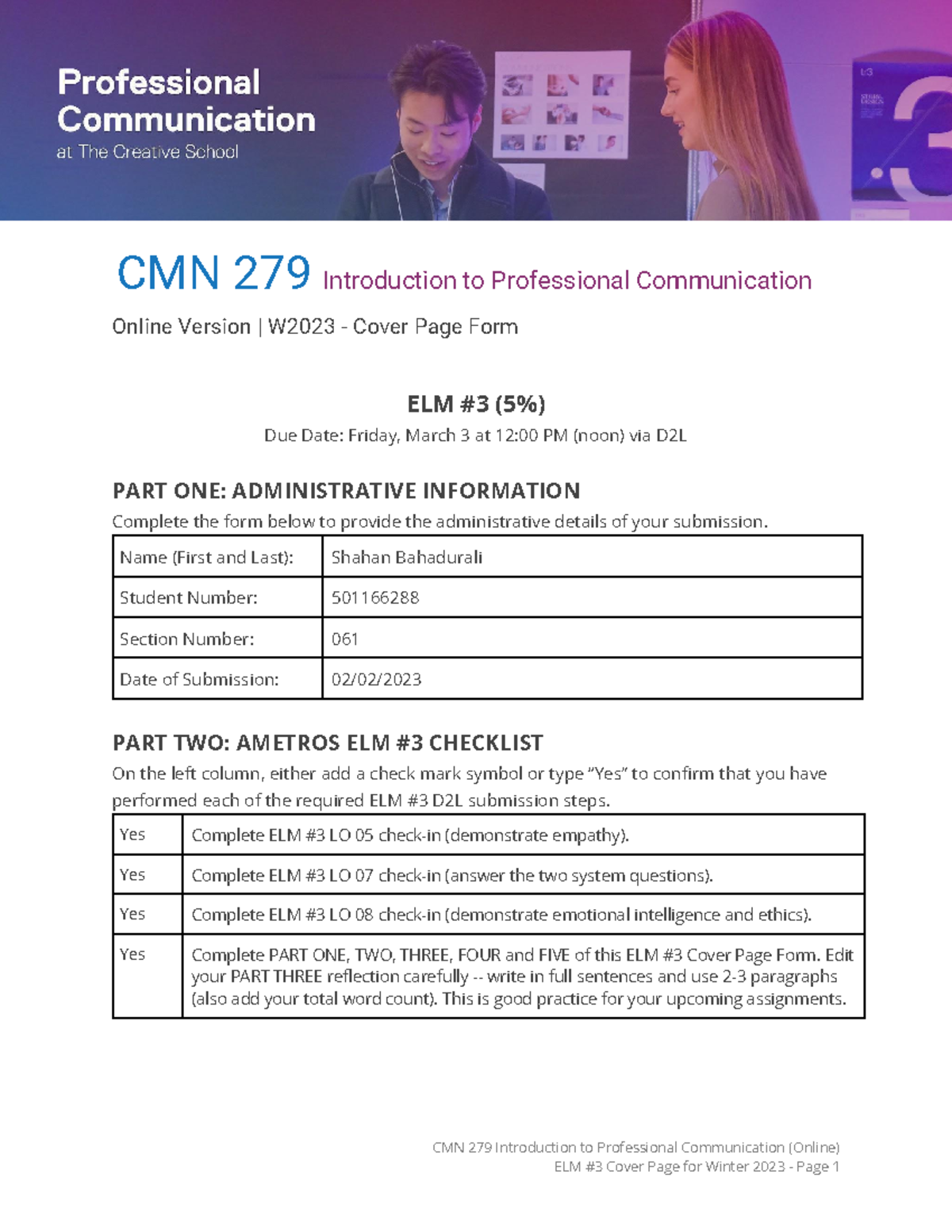 CMN 279 (Online) ELM #3 Cover Page Form - W2023 - CMN 279 Introduction ...