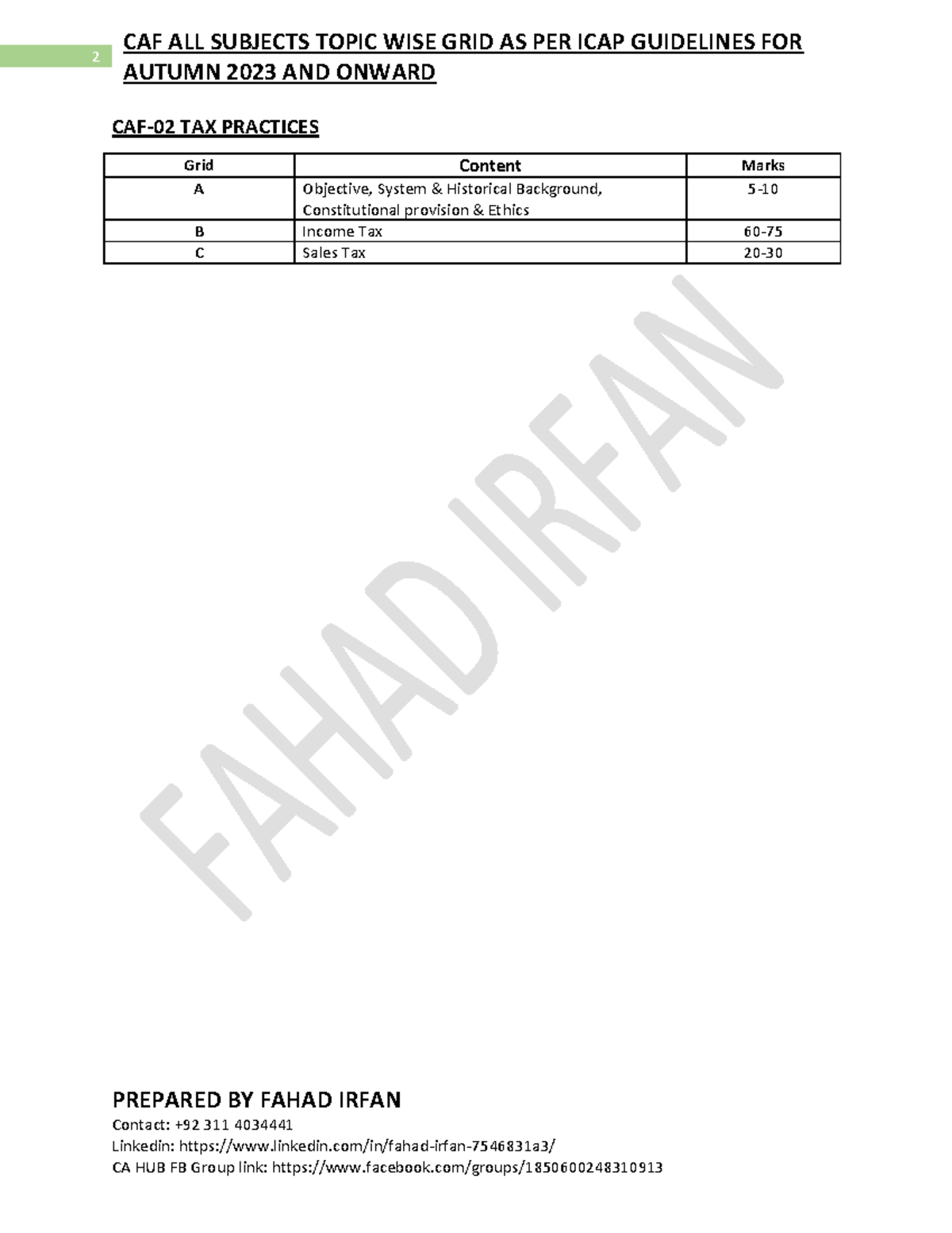 Caf 2 - caf 2 grid - CAF 02 - Taxation - PREPARED BY FAHAD IRFAN Contact: +92 311 4034441 ...