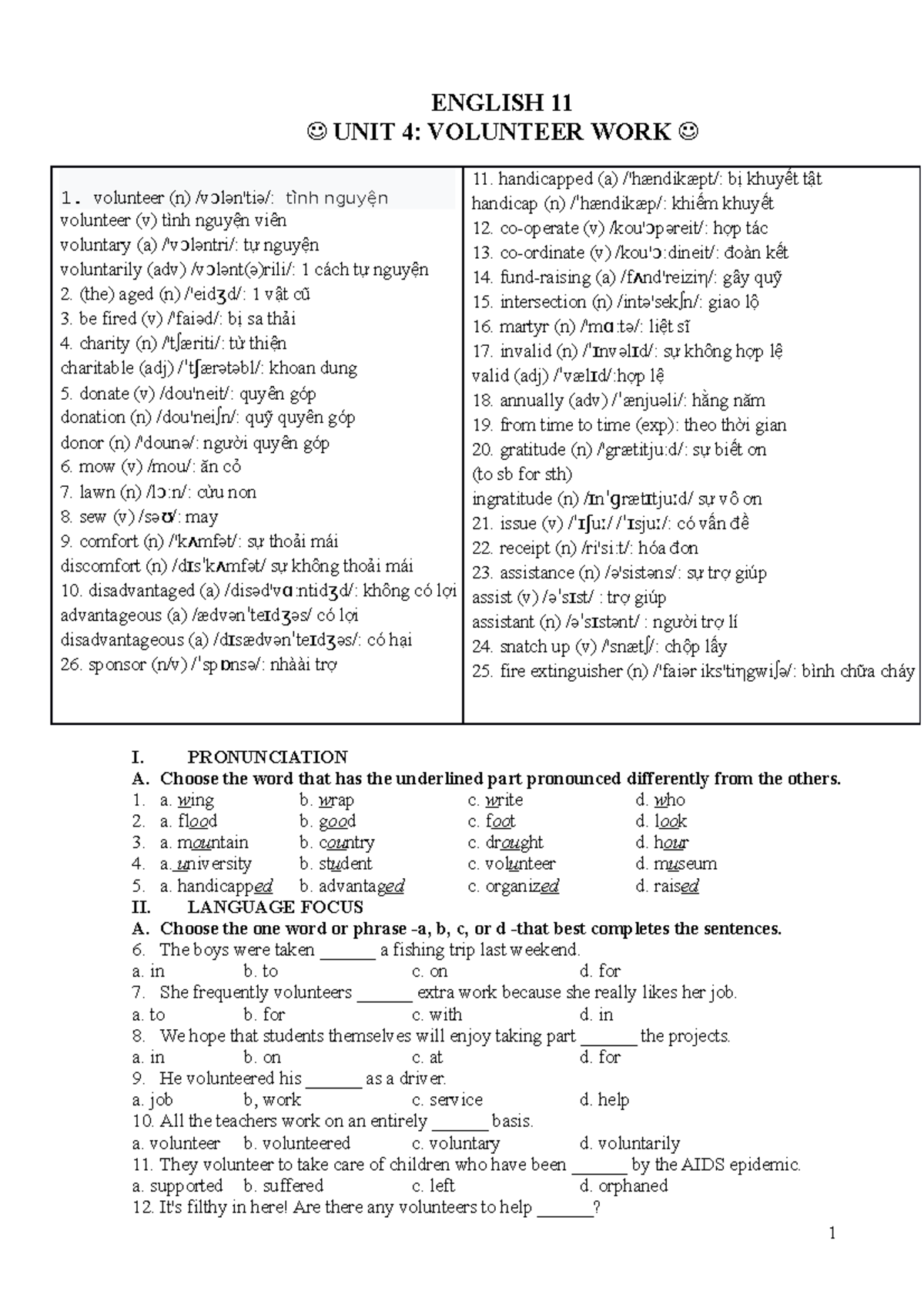 Grade 11 Unit 4 - dssđsx - ENGLISH 11 UNIT 4: VOLUNTEER WORK volunteer ...