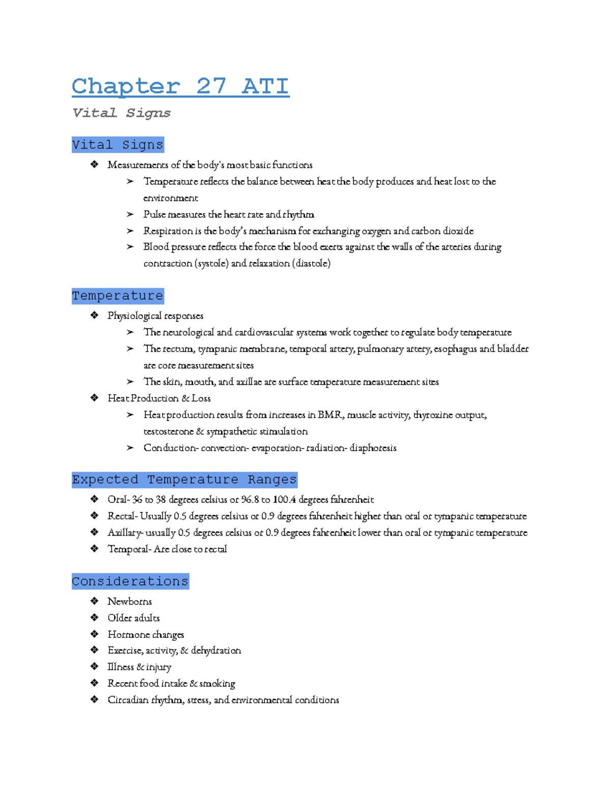 Fundamentals Chapter 27 ATI - Chapter 27 ATI Vital Signs Vital Signs Measurements of the body's ...
